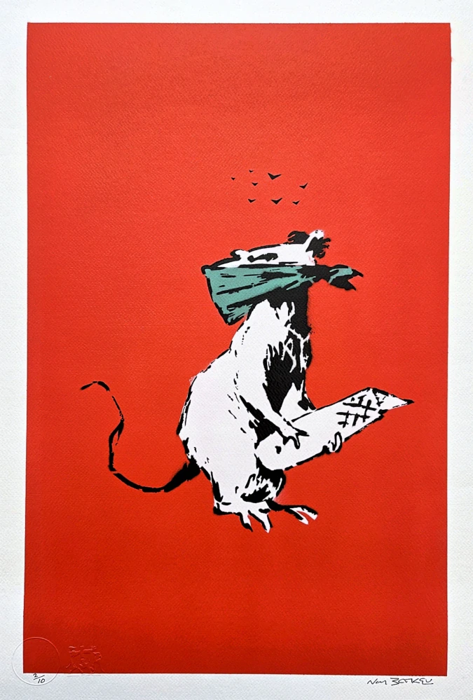 BANKSY/NOT BANKSY - Rat with Scalpel red 2/10 - originální ručně ...